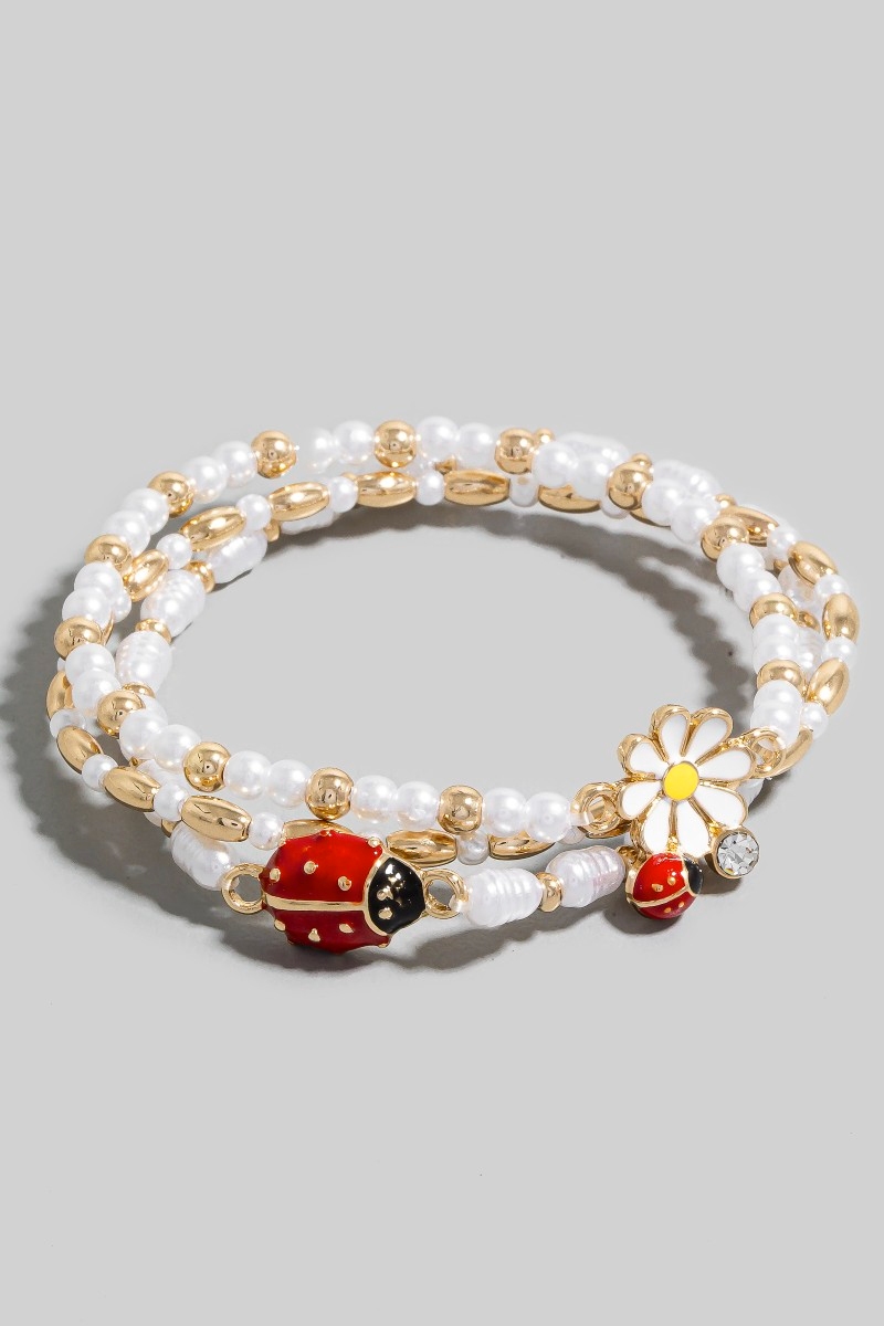 Enamel Flower And Lady Bug Pearl Beaded Bracelet Set - Bracelets