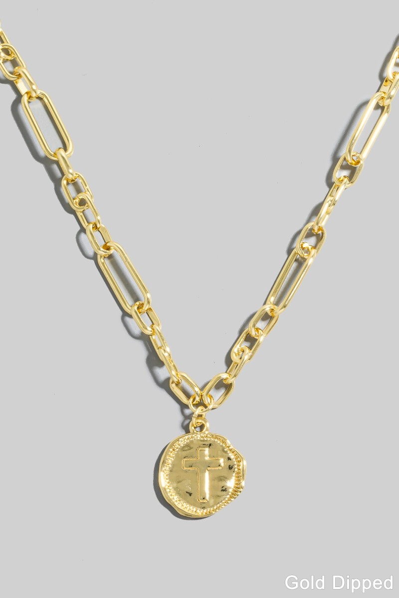 Gold Dipped Cross Coin Pendant Chain Necklace - Necklaces