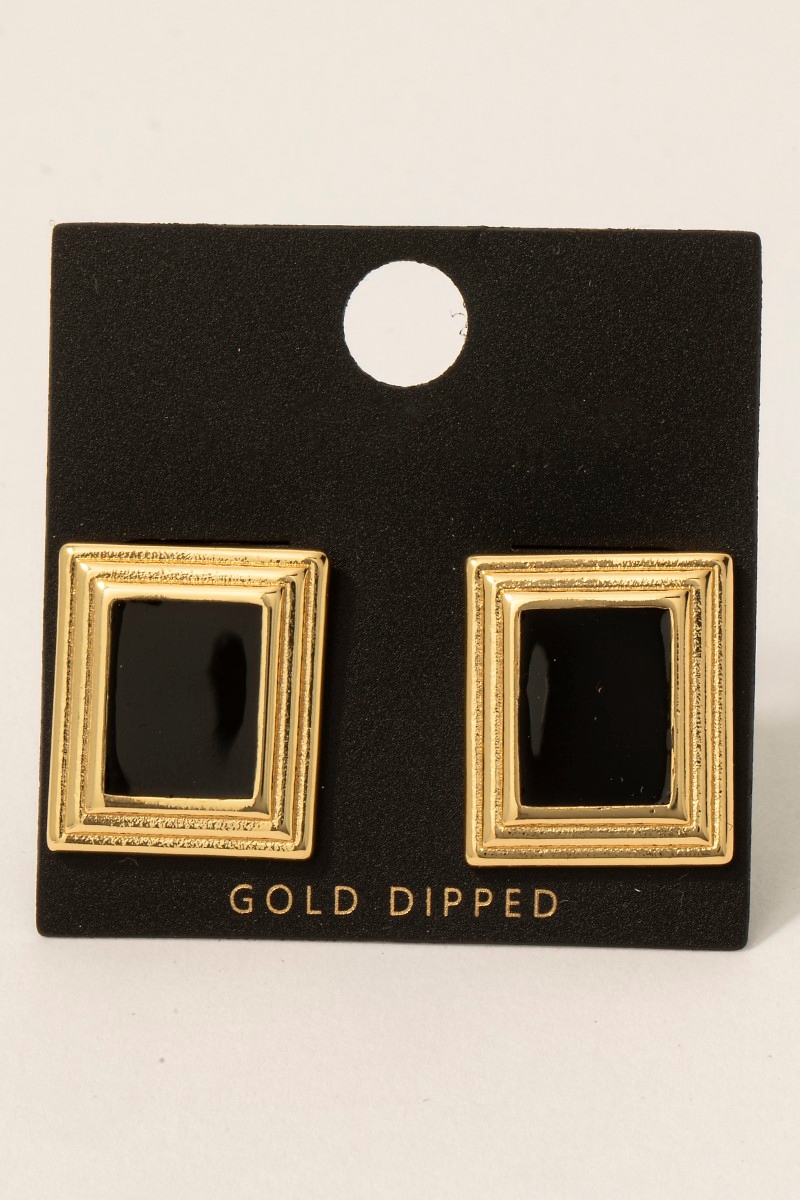 Gold Dipped Enamel Rectangle Frame Stud Earrings - Gold Dipped Collection