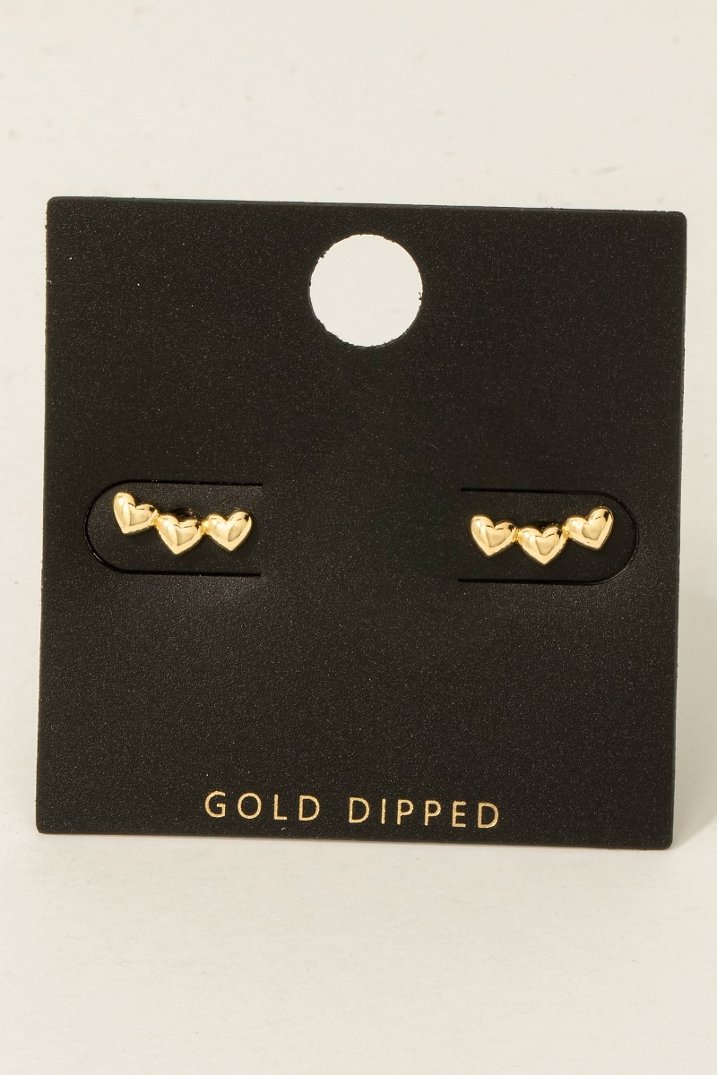 Gold Dipped Triple Heart Bar Stud Earrings - New Arrivals