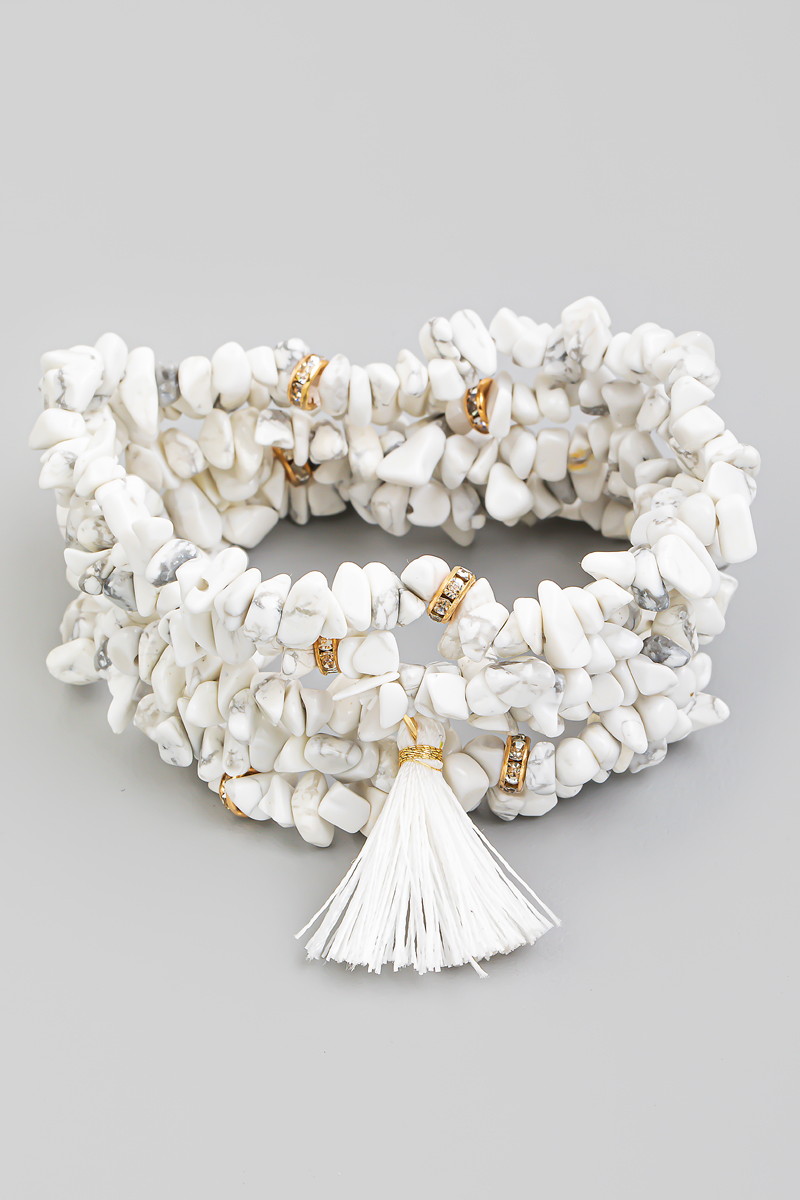 Stackable Assorted Stone Bead Tassel Bracelet Set - Bracelets
