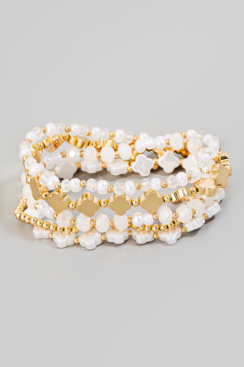 Pearl And Metallic Clover Beaded Bracelets Set - Pearl Collection