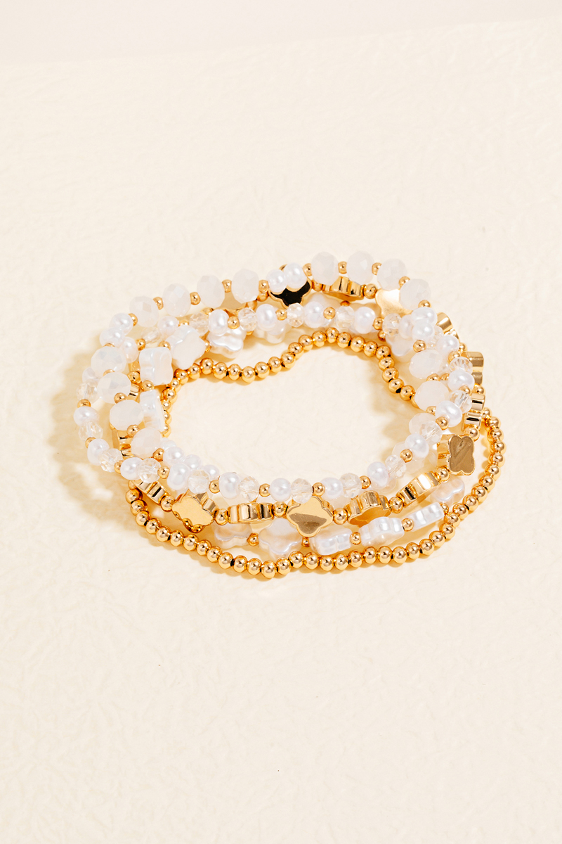 Pearl And Metallic Clover Beaded Bracelets Set - Pearl Collection
