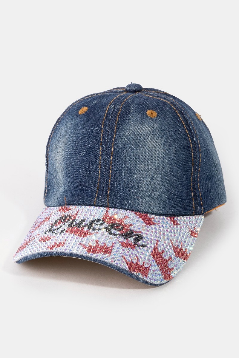 Queen And Crowns Rhinestone Pave Brim Denim Cap - Hats