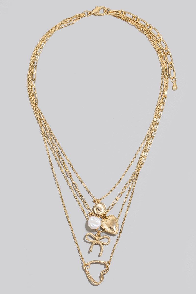 Pearl Heart Ribbon Bow Charms Layered Chains Necklace - Heart Collection