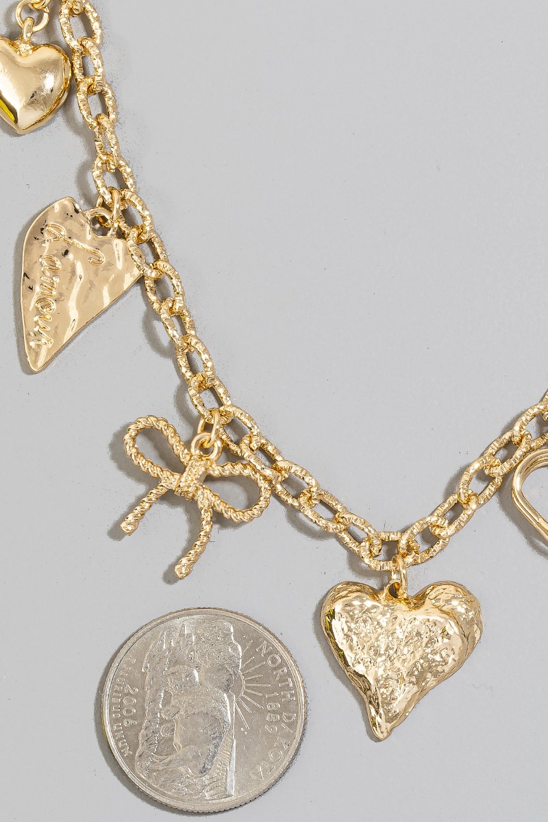 Mixed Multi Heart And Ribbon Bow Charms Chain Necklace - Necklaces