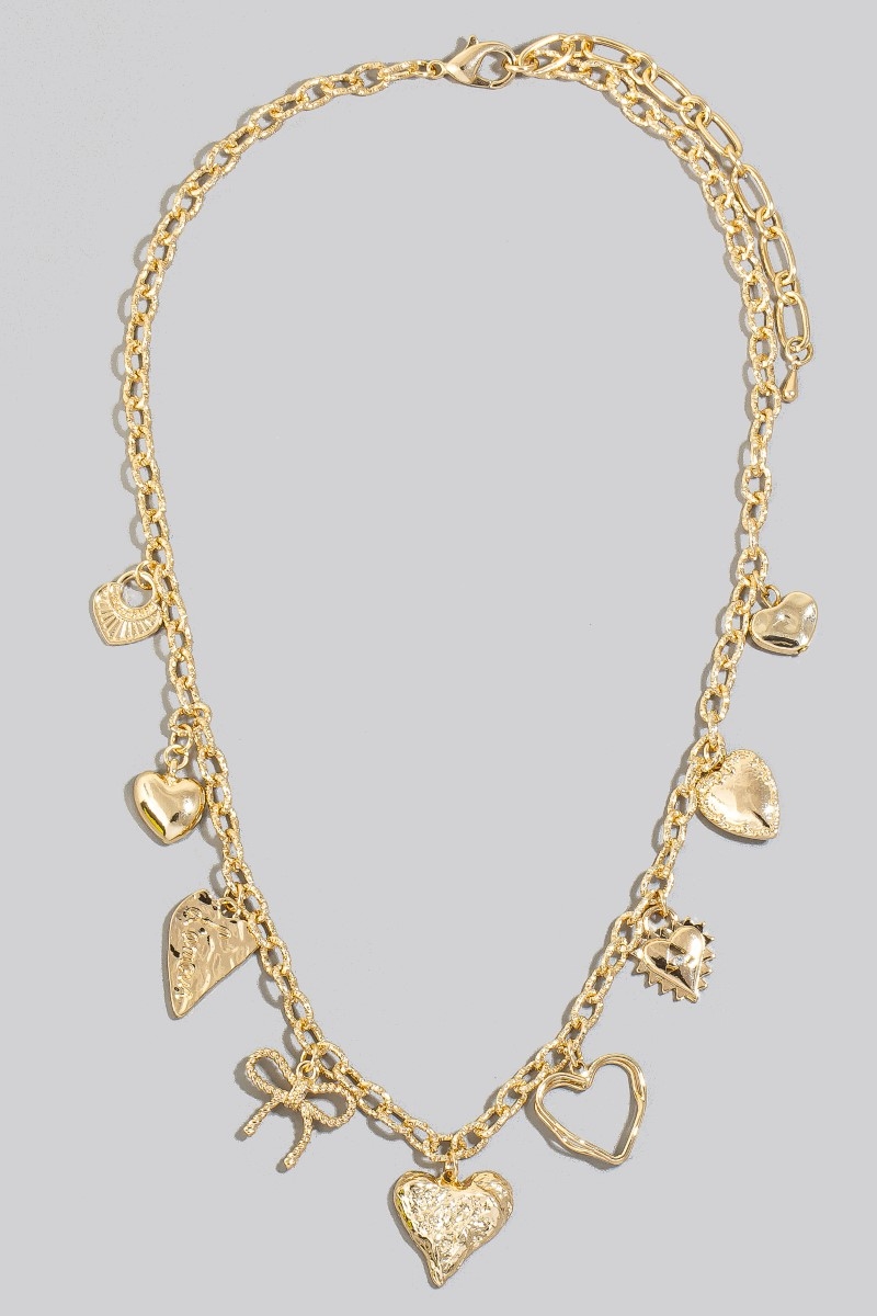 Mixed Multi Heart And Ribbon Bow Charms Chain Necklace - Necklaces