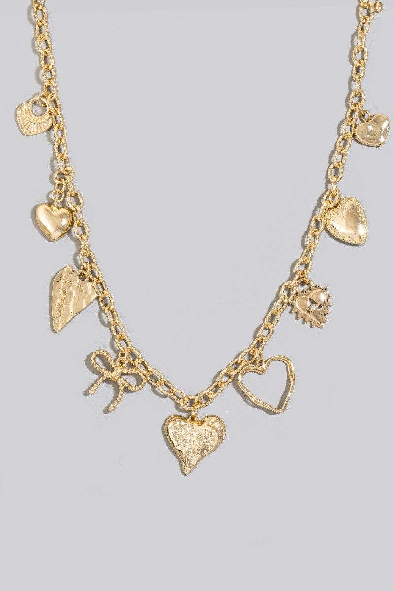 Mixed Multi Heart And Ribbon Bow Charms Chain Necklace - Necklaces