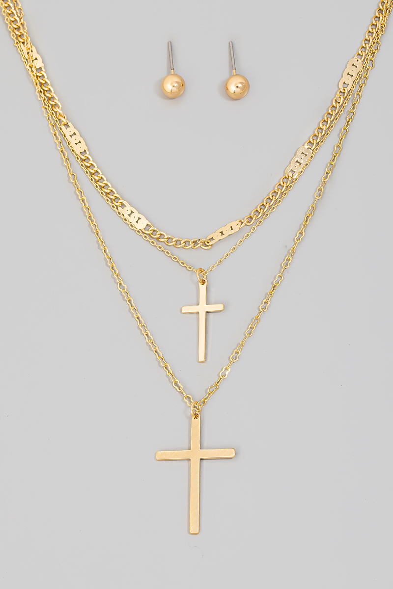 Double Cross Charm Layered Chains Necklace Set - Necklaces