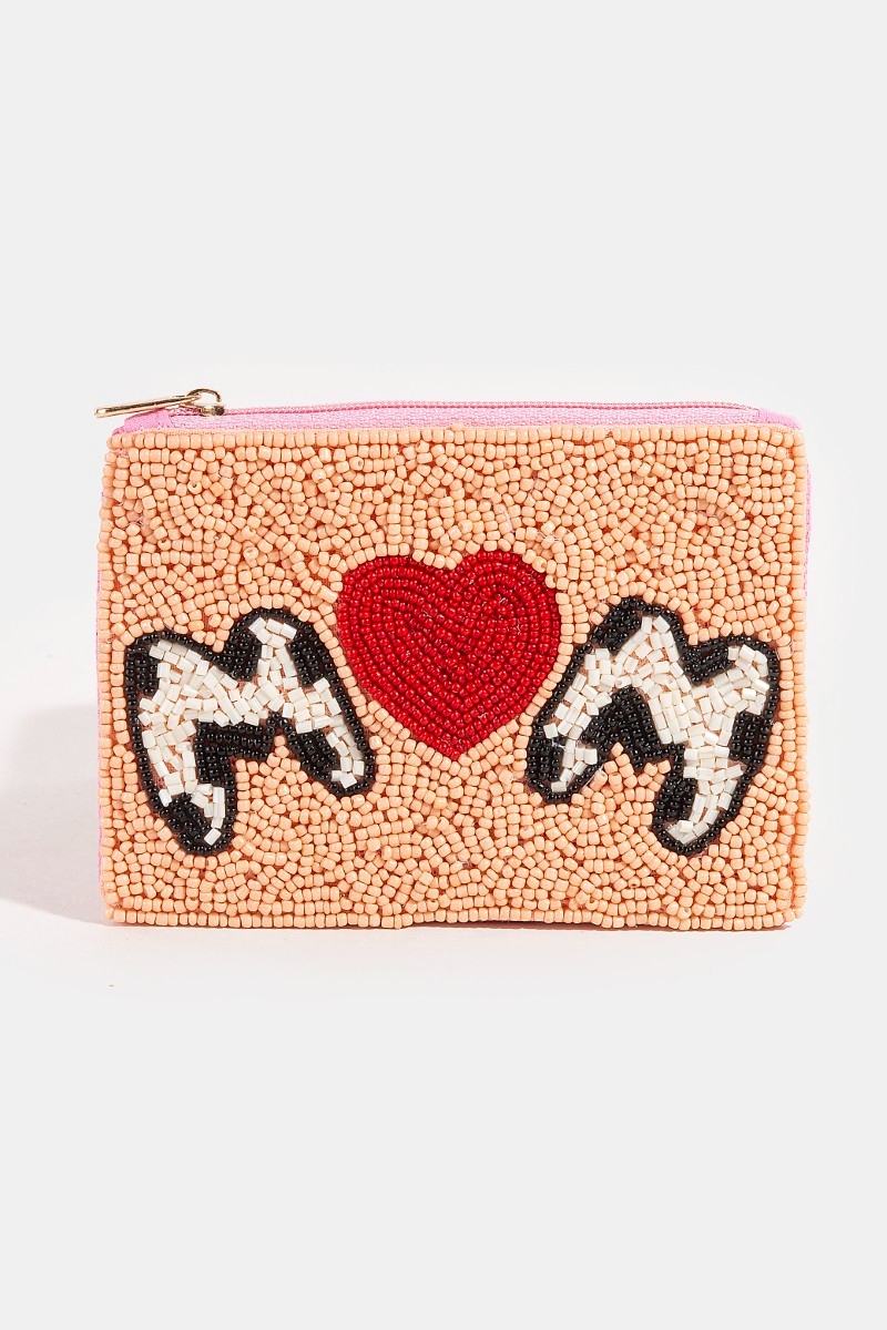 Cow Print Mom Heart Seed Beaded Coin Purse - Bags