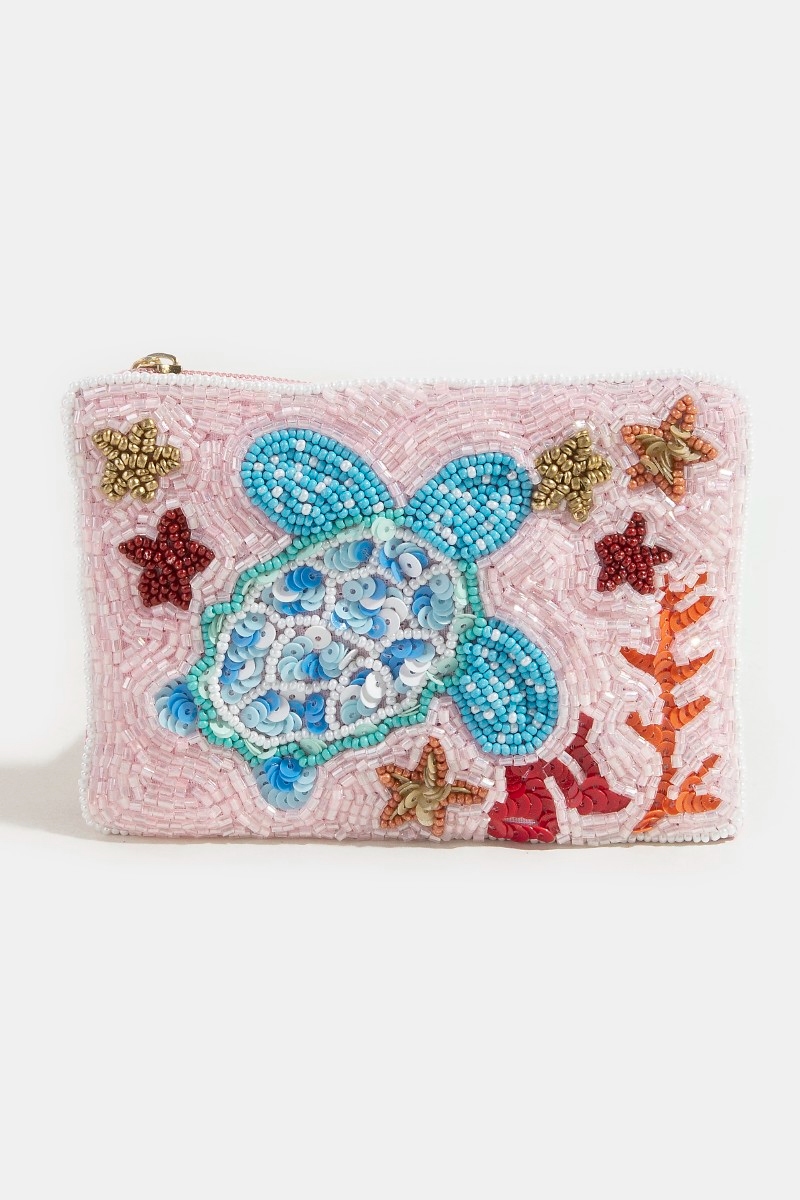 Sea Turtle Coral And Stars Seed Beaded Coin Purse - Bags