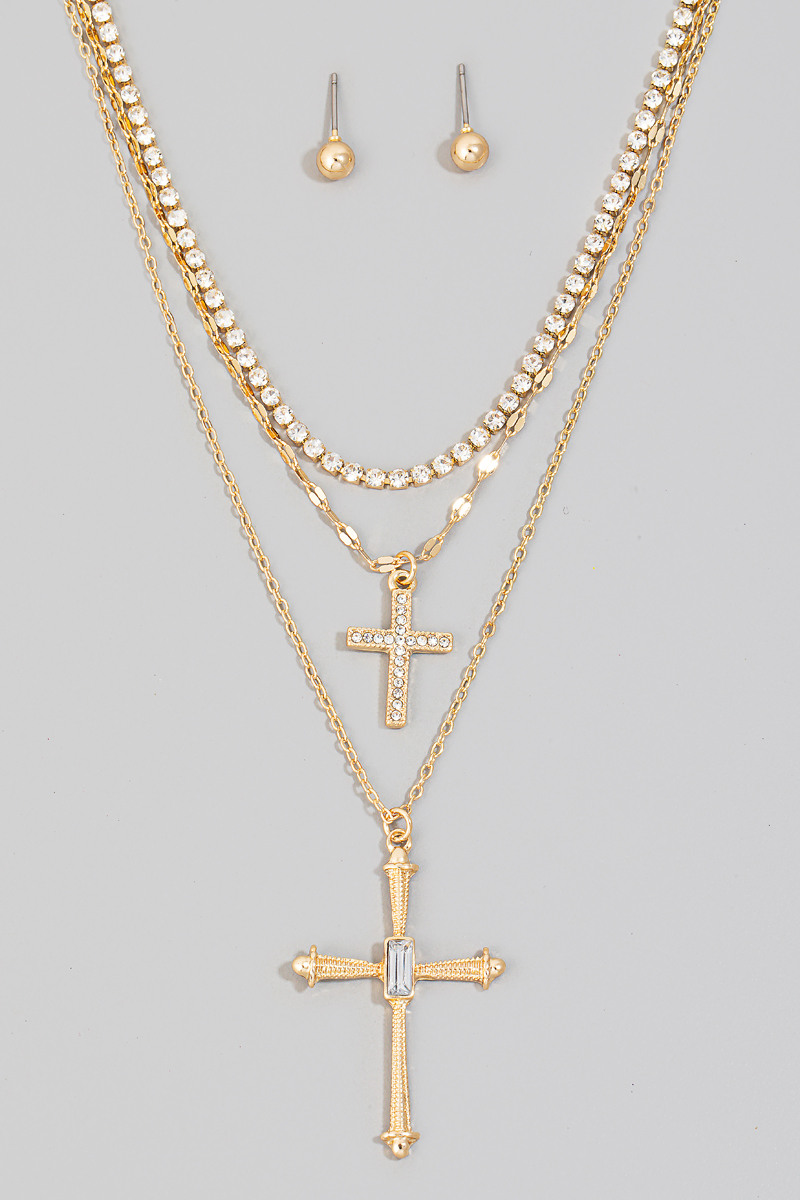 Double Cross Charms Layered Chains Necklace Set - Necklaces