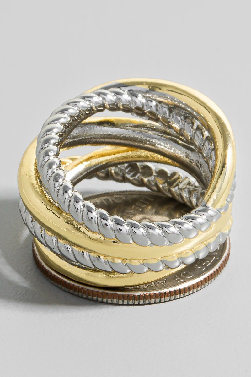 Gold Dipped Cz Knot Two Tone Solid Layered Band Ring - Rings
