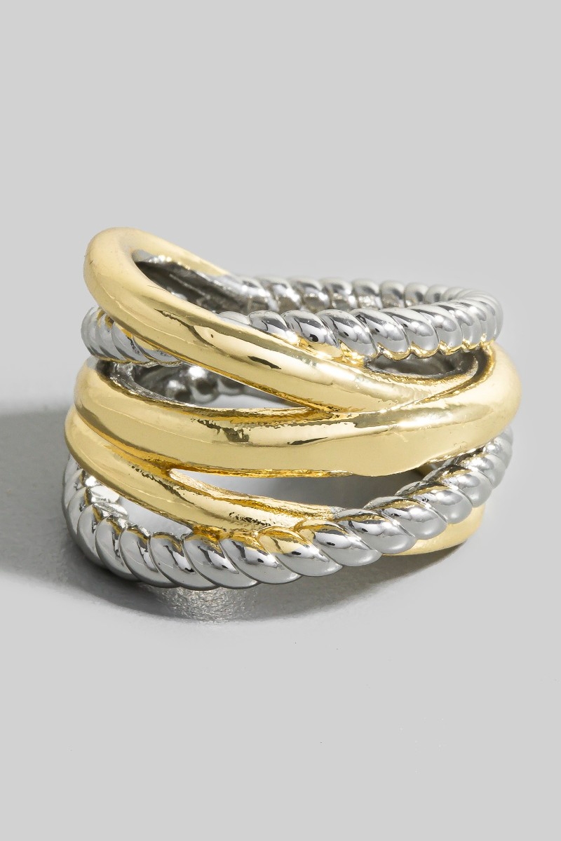 Gold Dipped Cz Knot Two Tone Solid Layered Band Ring - Rings