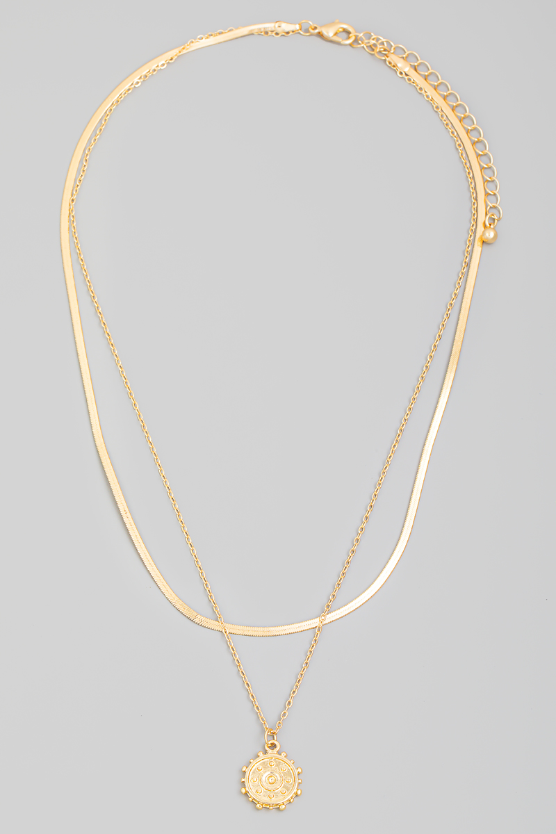 Double Chain Layered Coin Pendant Necklace - Necklaces