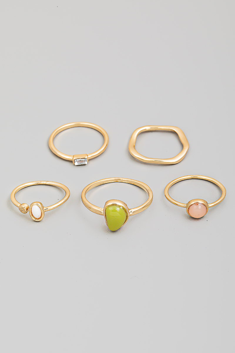 Five Piece Stone Charm Ring Set - Ring Sets