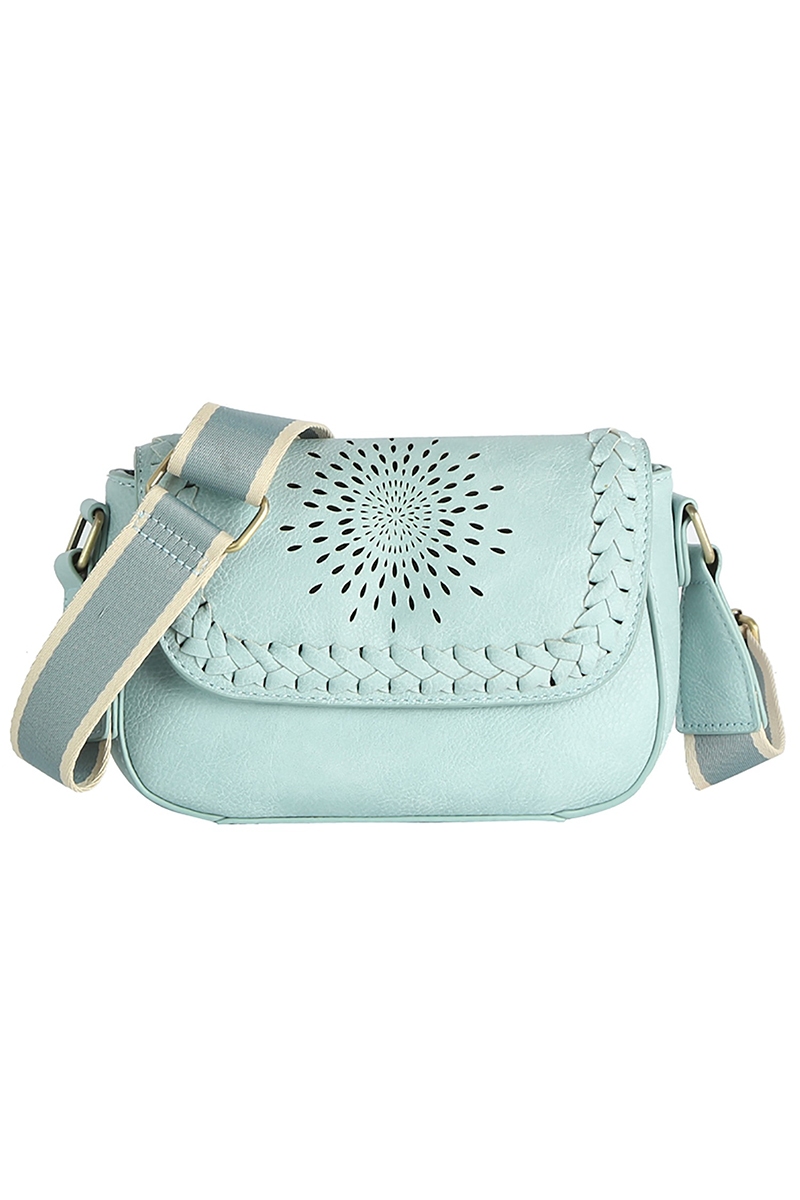 Laser Cut Printed Flap Crossbody Bag - Bags and Clutches