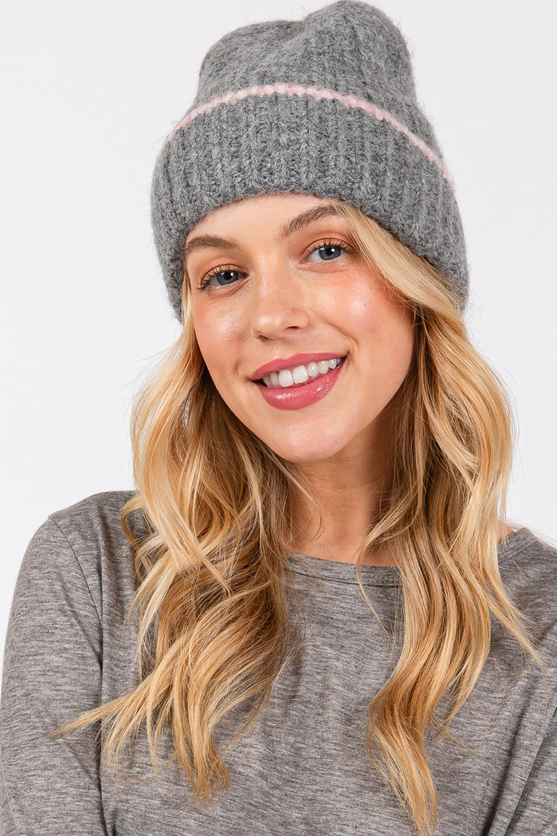 Stripe Detail Fuzzy Beanie - Hats
