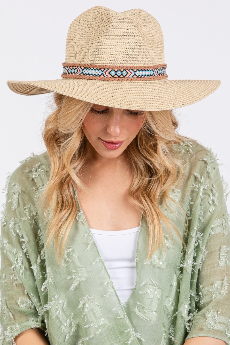 Boho Pattern Band Woven Straw Sun Hat - Hats