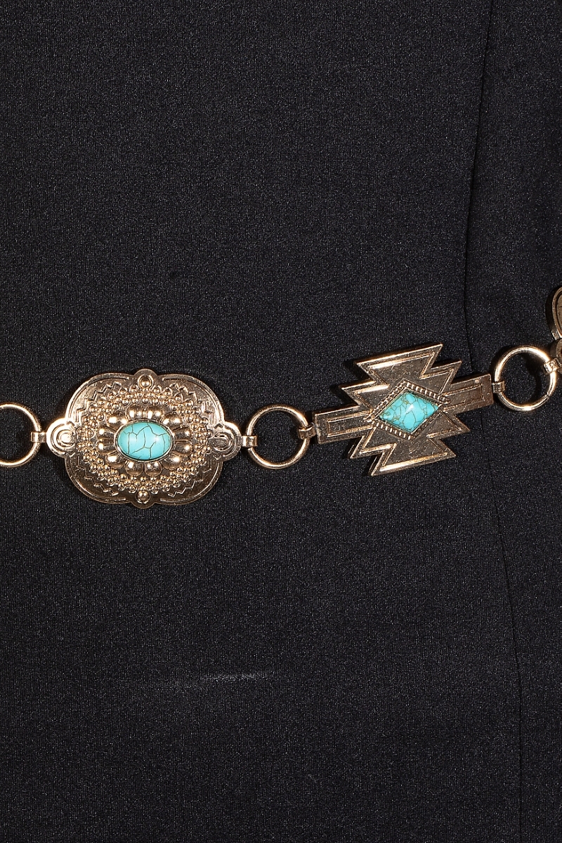 Turquoise Stud Mixed Shapes Western Concho Chain Belt - Belts
