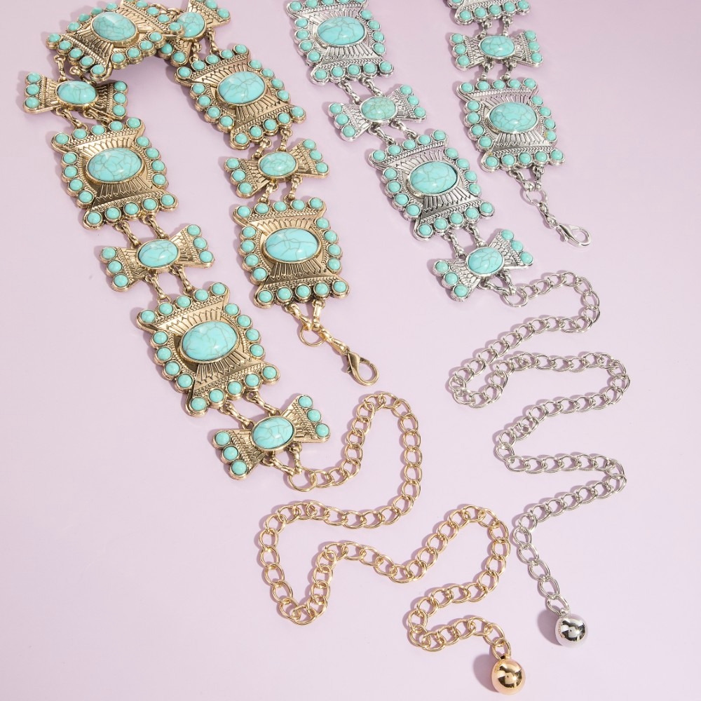 Turquoise Stone Western Concho Chain Belt - Belts