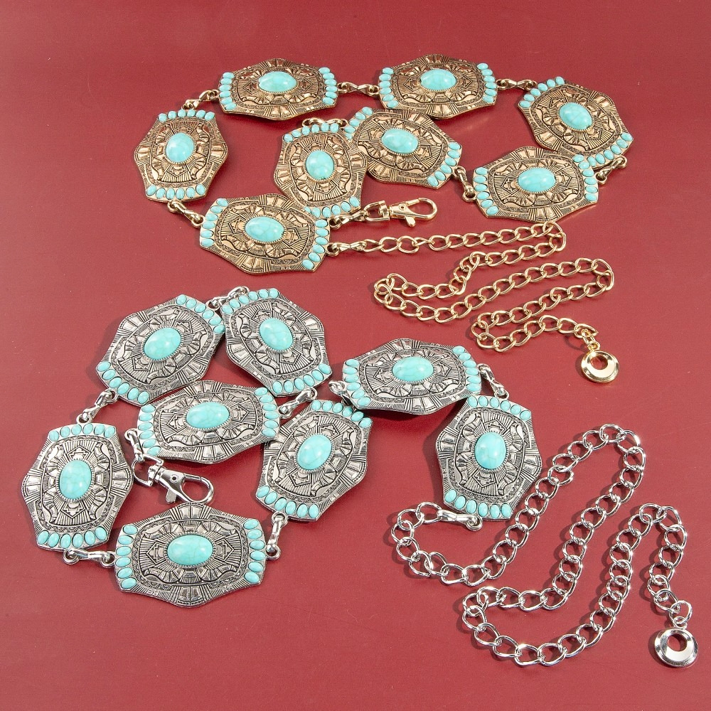 Western Mini Turquoise Stud Rectangle Concho Chain Belt - Belts