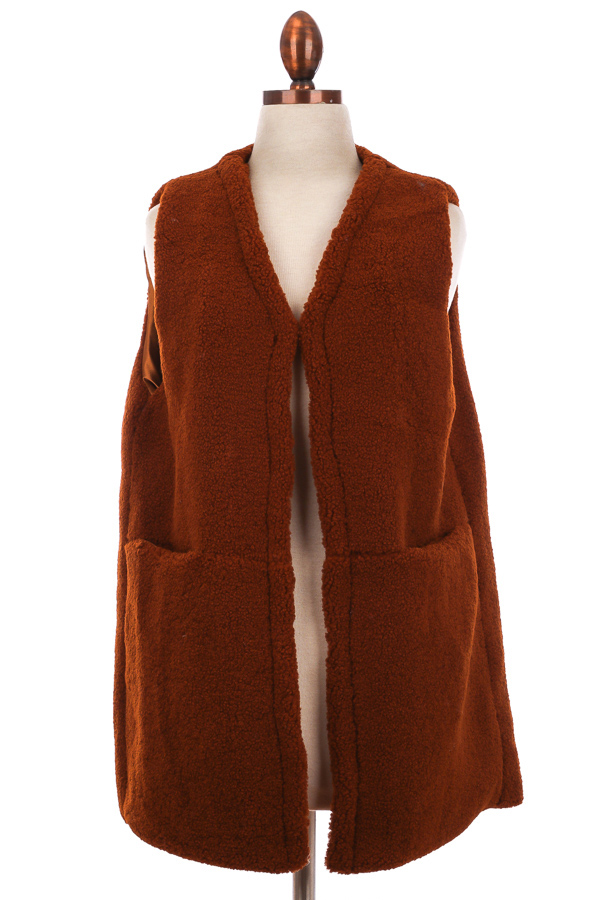 BR Warm Faux Shearling Pocket Teddy Bear Vest - Ponchos and Vests