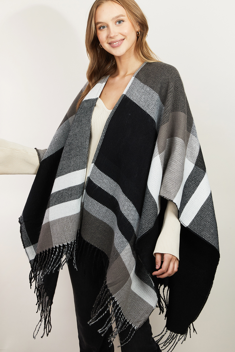 Plaid Pattern Fringe Fashion Poncho - Ponchos and Vests