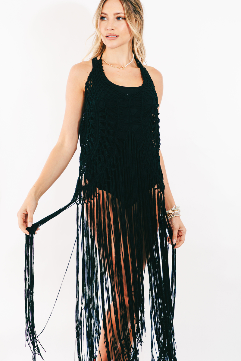 Fishnet Fringe Swimsuit Cover Up Dress - Cover Ups