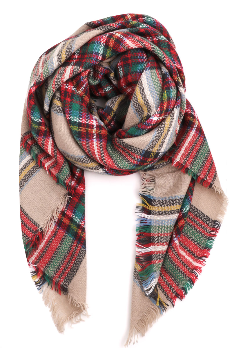 BEIGE Beige Plaid Oblong Scarf - Lightweight Scarves