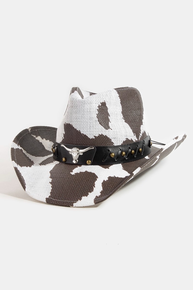 Western Cow Print Bull Head Strap Cowboy Hat - Hats