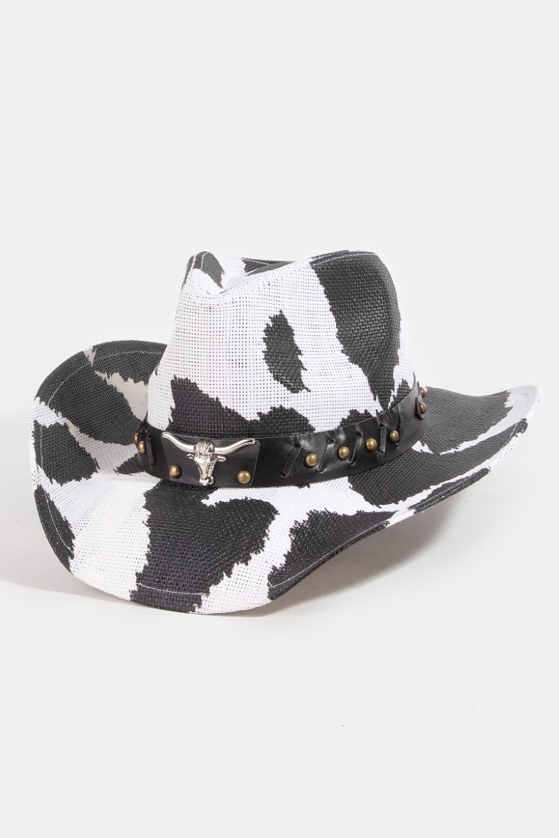 Western Cow Print Bull Head Strap Cowboy Hat - New Arrivals