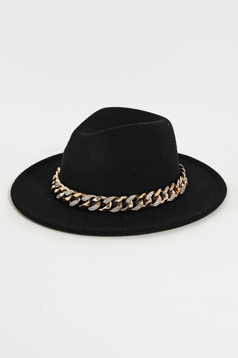 Rhinestone Curb Chain Link Fedora Hat - Fame Accessories