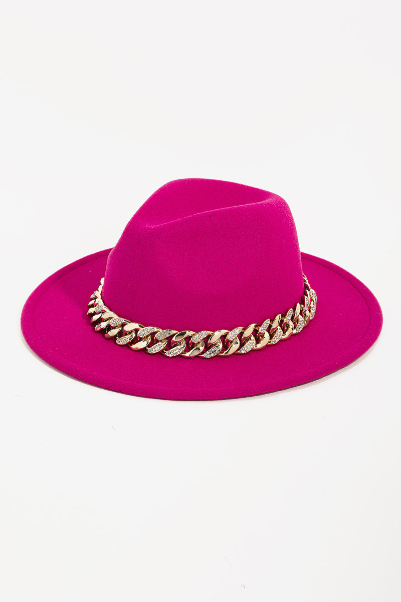 Rhinestone Curb Chain Link Fedora Hat - Fame Accessories