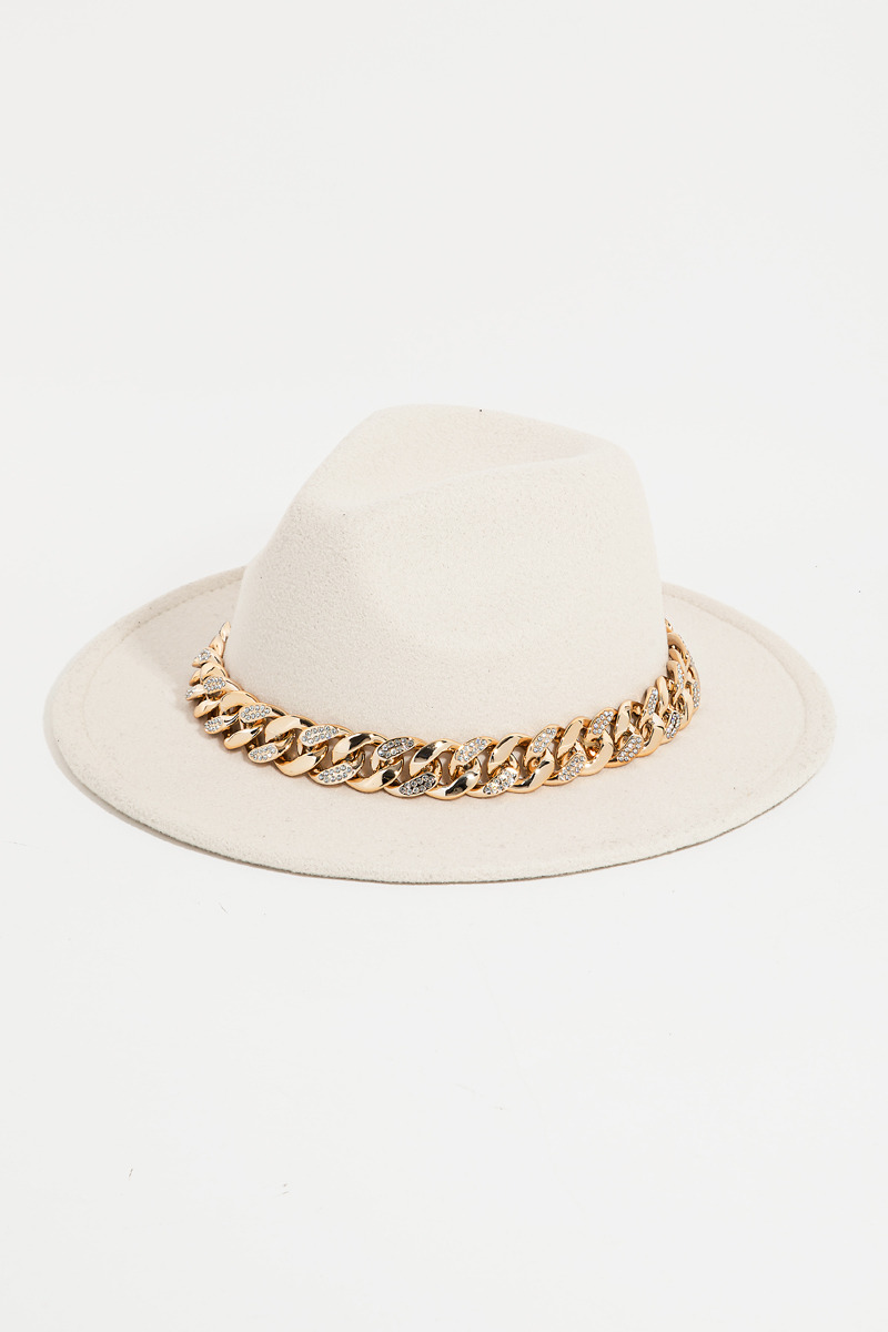 Rhinestone Curb Chain Link Fedora Hat - Hats