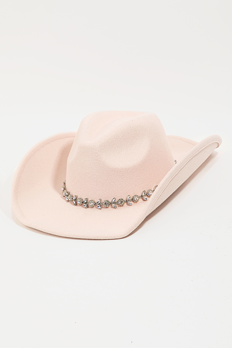 Flower Rhinestone Chain Strap Western Cowboy Hat - Hats