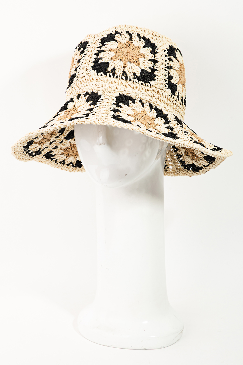 Squared Flower Pattern Knit Bucket Hat - Bucket Hats