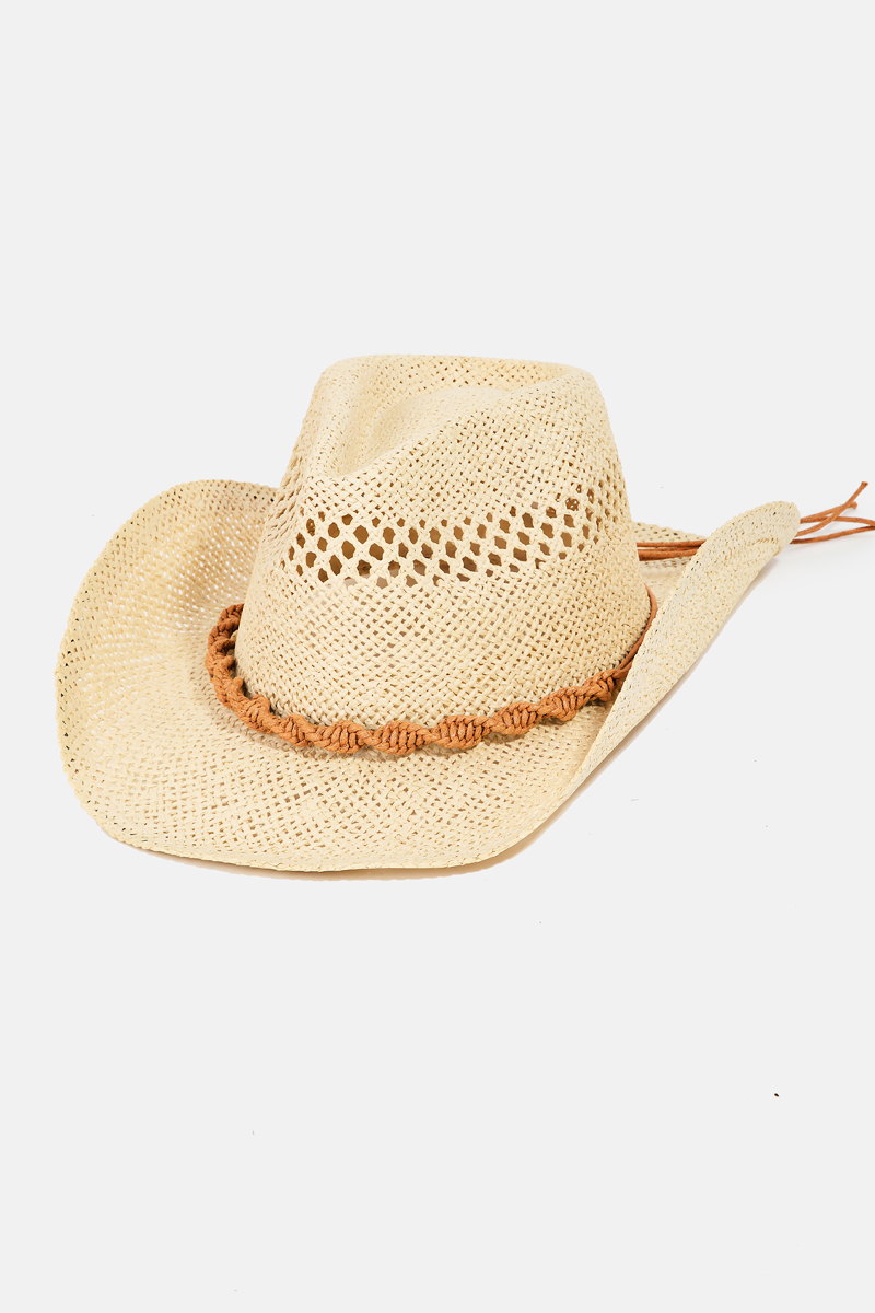 Western Straw Braid Rope Strap Cowboy Hat - Hats