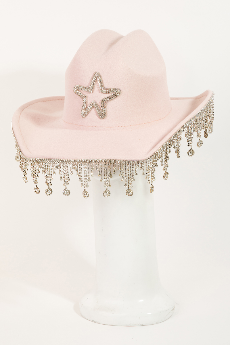 Rhinestone Star Fringe Western Cowboy Hat - Hats