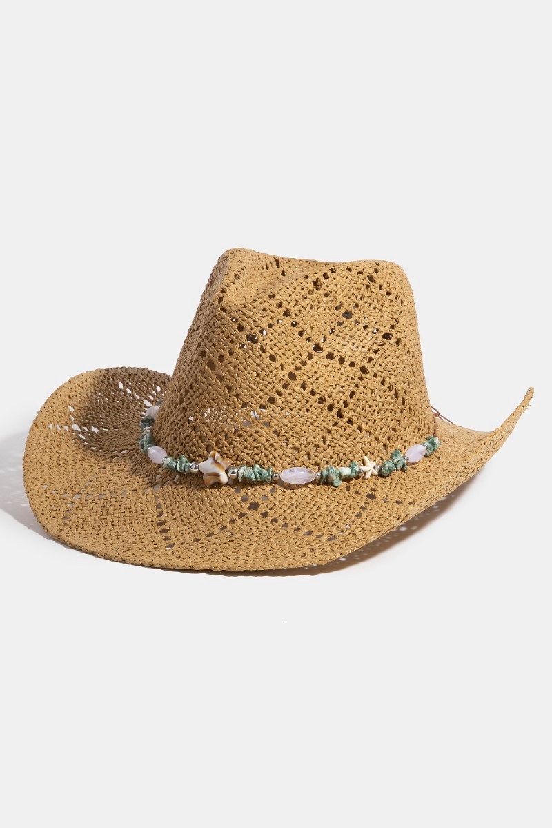 Assorted Beaded Strap Western Fedora Straw Hat - Hats