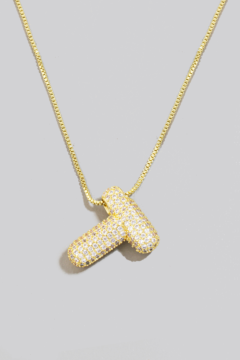Letter T Pave Bubble Initial Pendant Necklace - Initial Collection