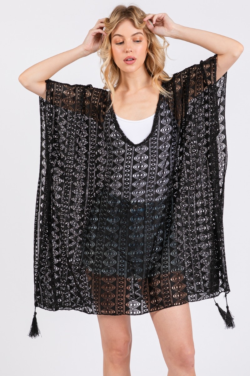 Crochet Lace Pattern Tassel Cover Up - Kimonos