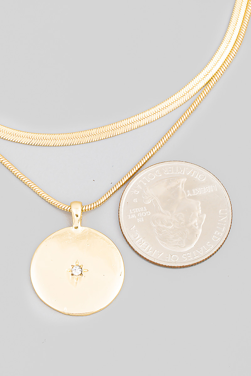 Layered Snake Chain Disc Pendant Necklace - Necklaces