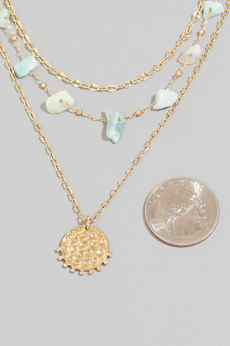 Hammered Disc And Pebble Stone Charms Chain Necklace - Chain Necklaces