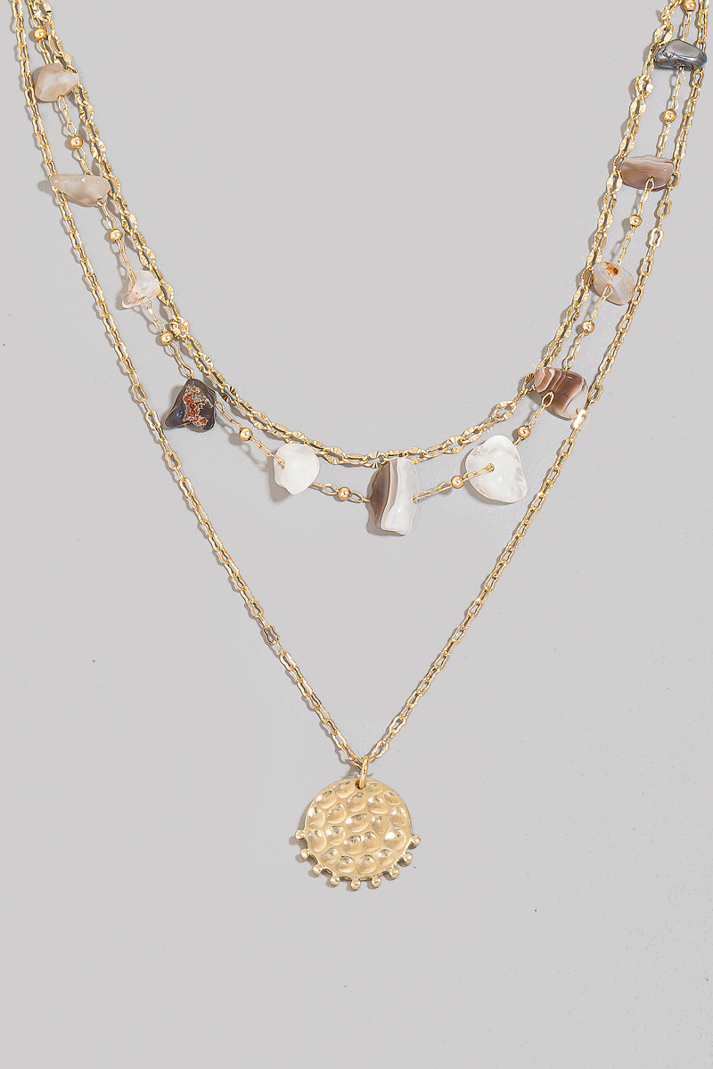 Hammered Disc And Pebble Stone Charms Chain Necklace - Chain Necklaces