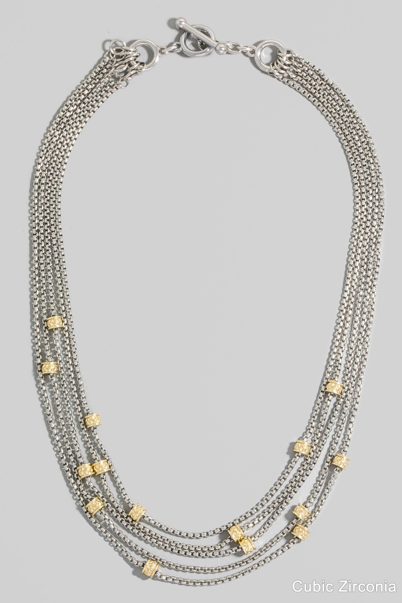 Two Tone Bead Station Layered Chain Necklace - Necklaces