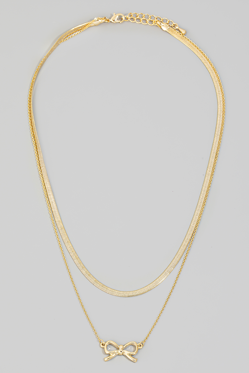 Snake Chain Layered Ribbon Bow Pendant Necklace - Bow Collection