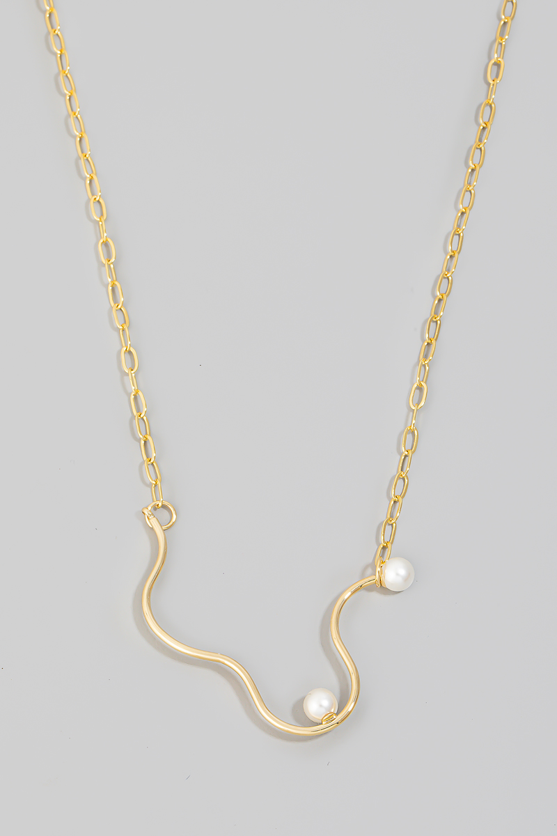 Wavy Metallic Wire And Pearl Statement Necklace - Necklaces