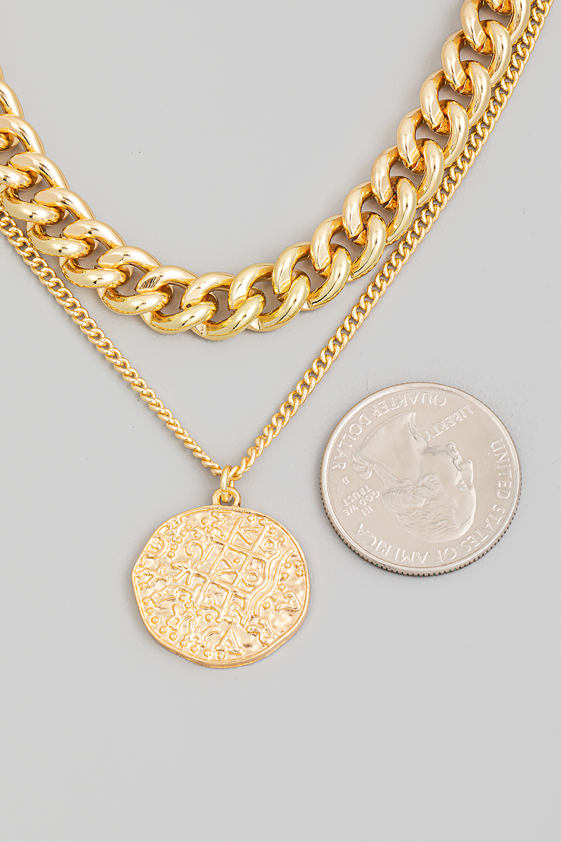 Thick Curb Chain Coin Layered Chain Necklace - Fame Accessories