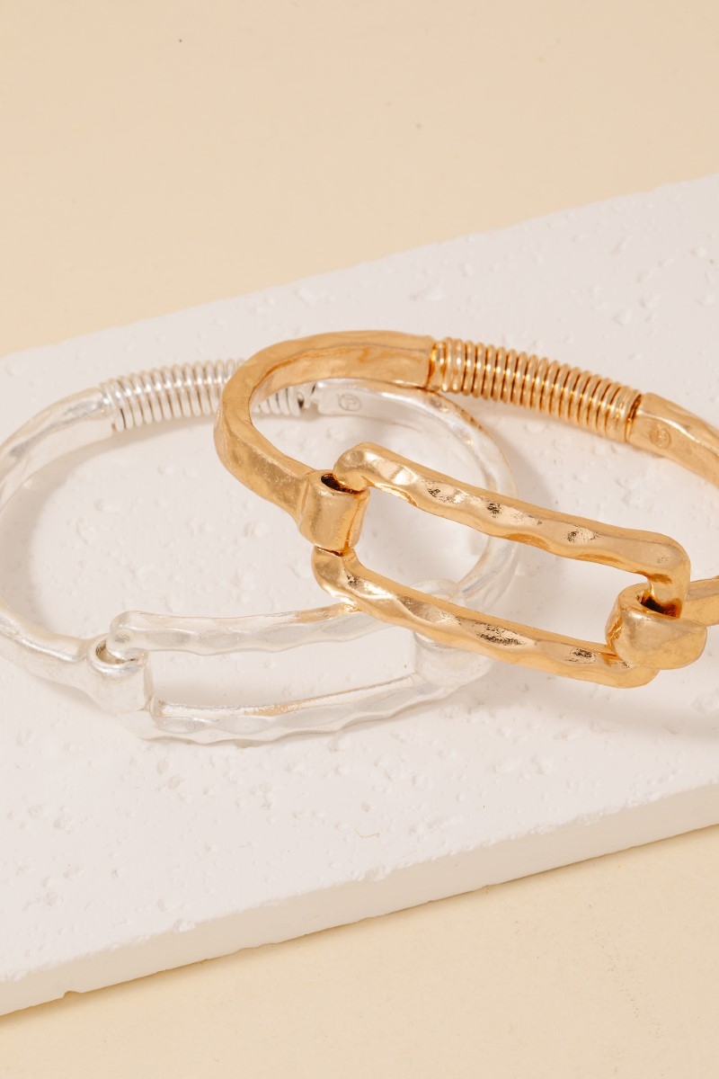 Hammered Rectangle Coil Spring Hook Bangle Bracelet - Bracelets